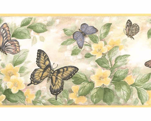 JustBorders.com-Yellow Trim Butterflies and Flowers Wallpaper Border