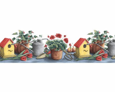 Birdhouse Watering Can Geranium Wallpaper Border KK79370