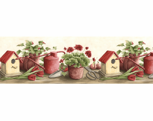 Birdhouse Watering Can Geranium Wallpaper Border KK79370 CLEARANCE ...