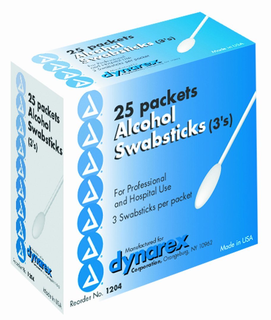 Dynarex Alcohol Prep Swabsticks, Box of 75 (25 packs of 3), # 1204