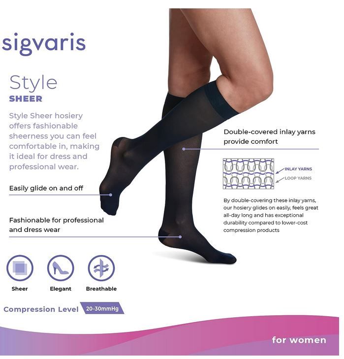 Sigvaris Style Sheer Medical Compression Stockings, Knee High 20-30mmHg
