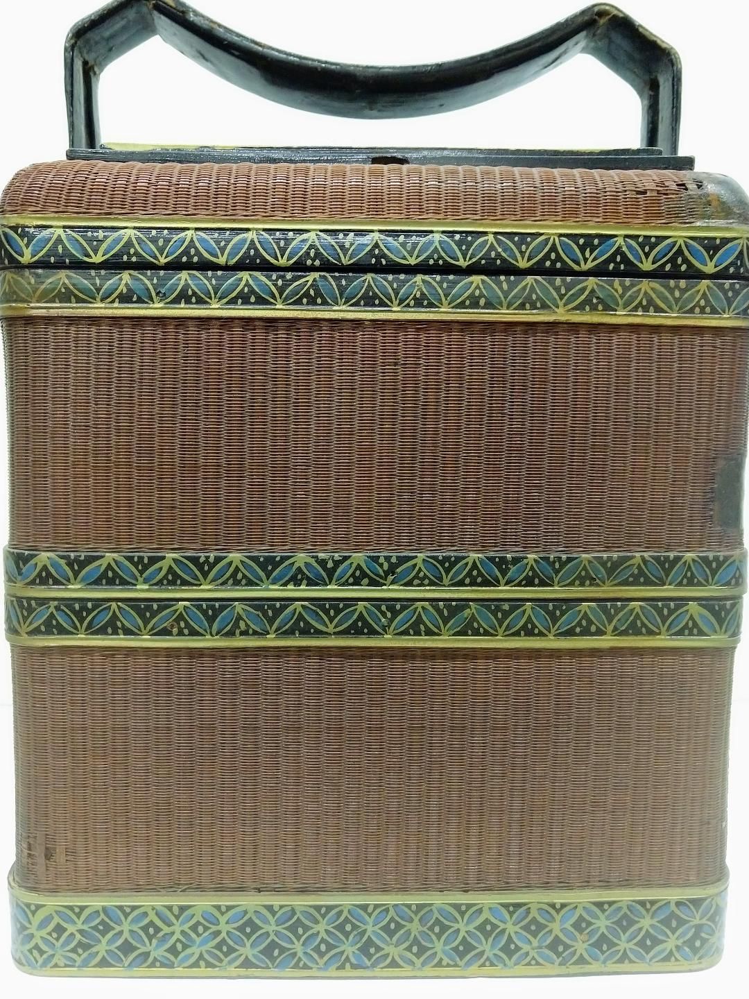 Old Stacked Bamboo Picnic Basket Front View