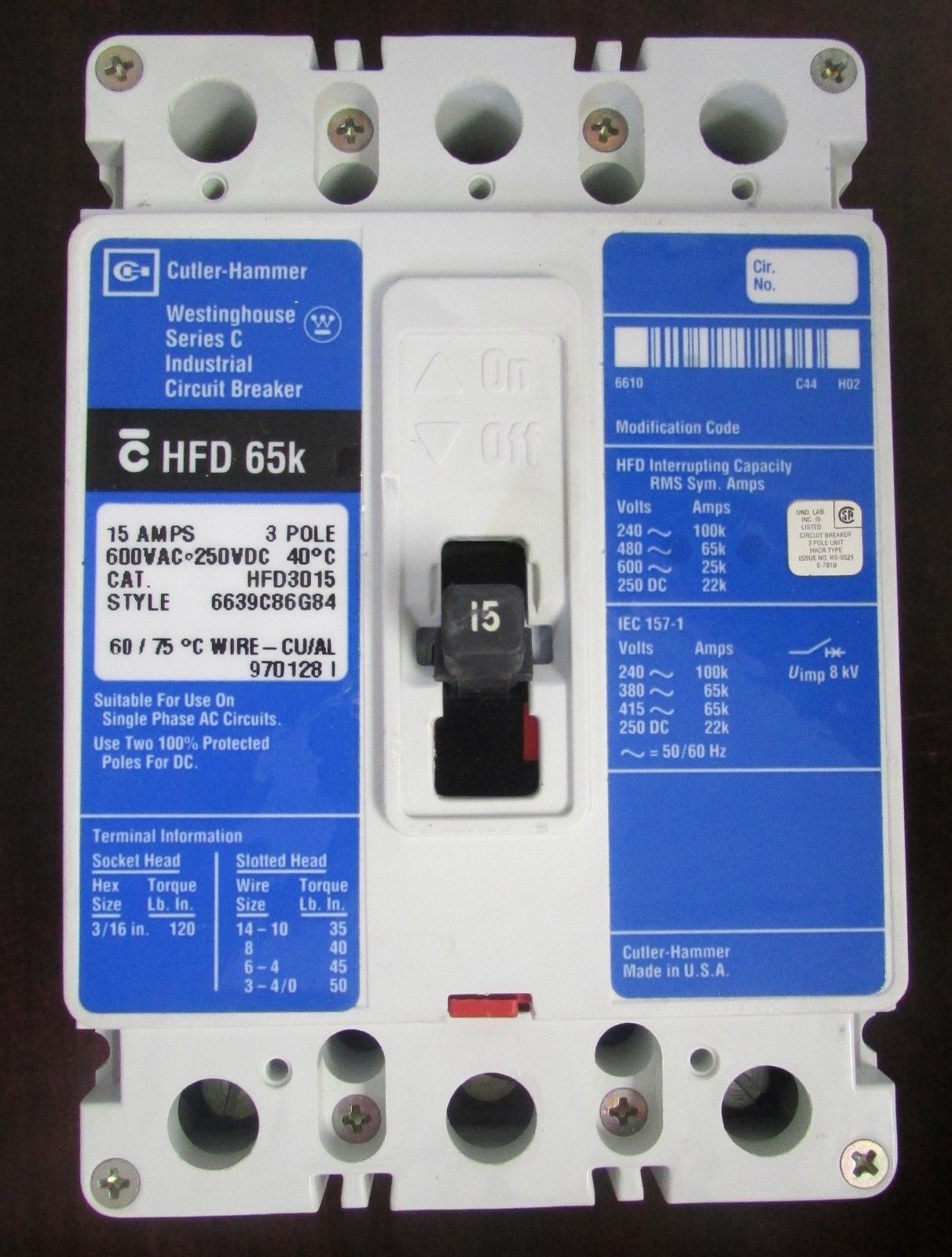HFD3015 WESTINGHOUSE 3 POLE 15 AMP 600VAC CIRCUIT BREAKER (used)