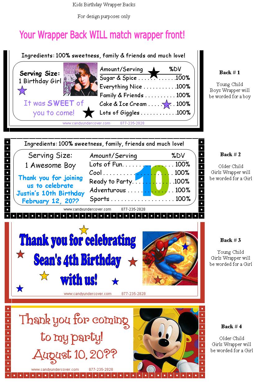 Kids Birthday Candy Bar Wrappers - Birthday Candy Favors - Kids ...