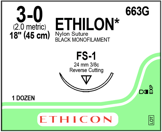 Ethicon Nylon Black Monofilament Suture 3-0, 18", FS-1 (663G) | Beck-Lee
