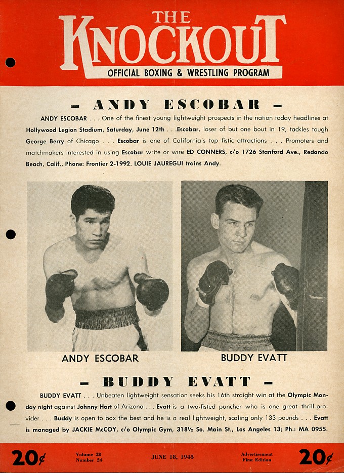 1954 June 18 BUDDY EVATT vs JOHNNY HART, ANDY ESCOBAR vs GEORGE BERRY Boxing Program THE KNOCKOUT