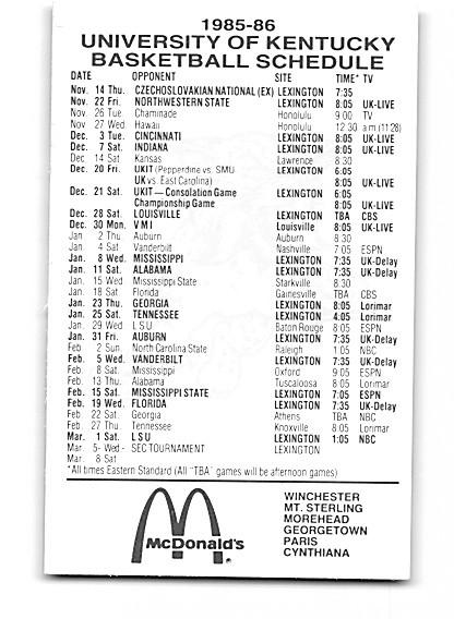 1985-86 KENTUCKY WILDCATS Basketball Schedule Card KENNY WALKER, EDDIE ...