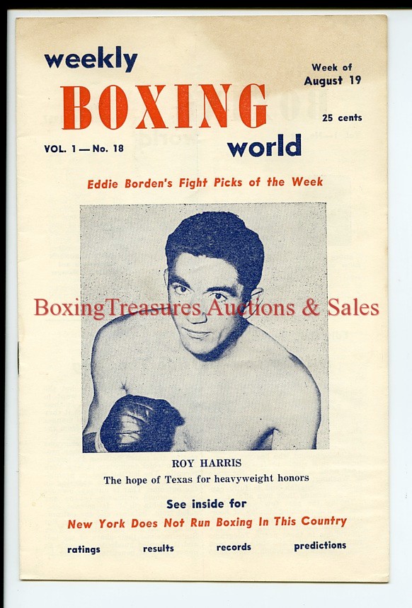 Eddie Bordens WEEKLY BOXING WORLD Magazine August 19, 1957 ROY HARRIS