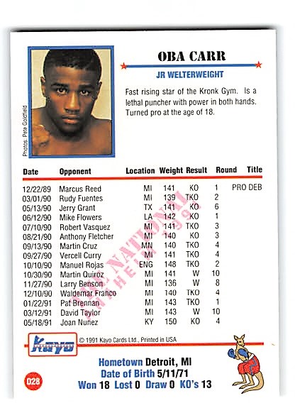 Oba Carr - 1991 Kayo Anaheim Test Card #028