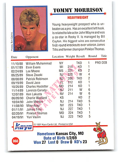 Tommy Morrison - 1991 Kayo Anaheim Test Card #060