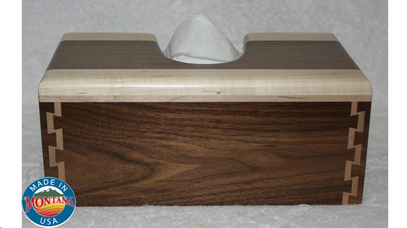 *PUFFS TISSUE BOX COVER, SOLID WALNUT AND MAPLE. (1231202101)