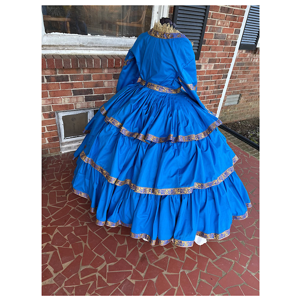 Brilliant Blue Cotton 3 Tiered Flounced Civil War Tea Gown/Day Dress-3