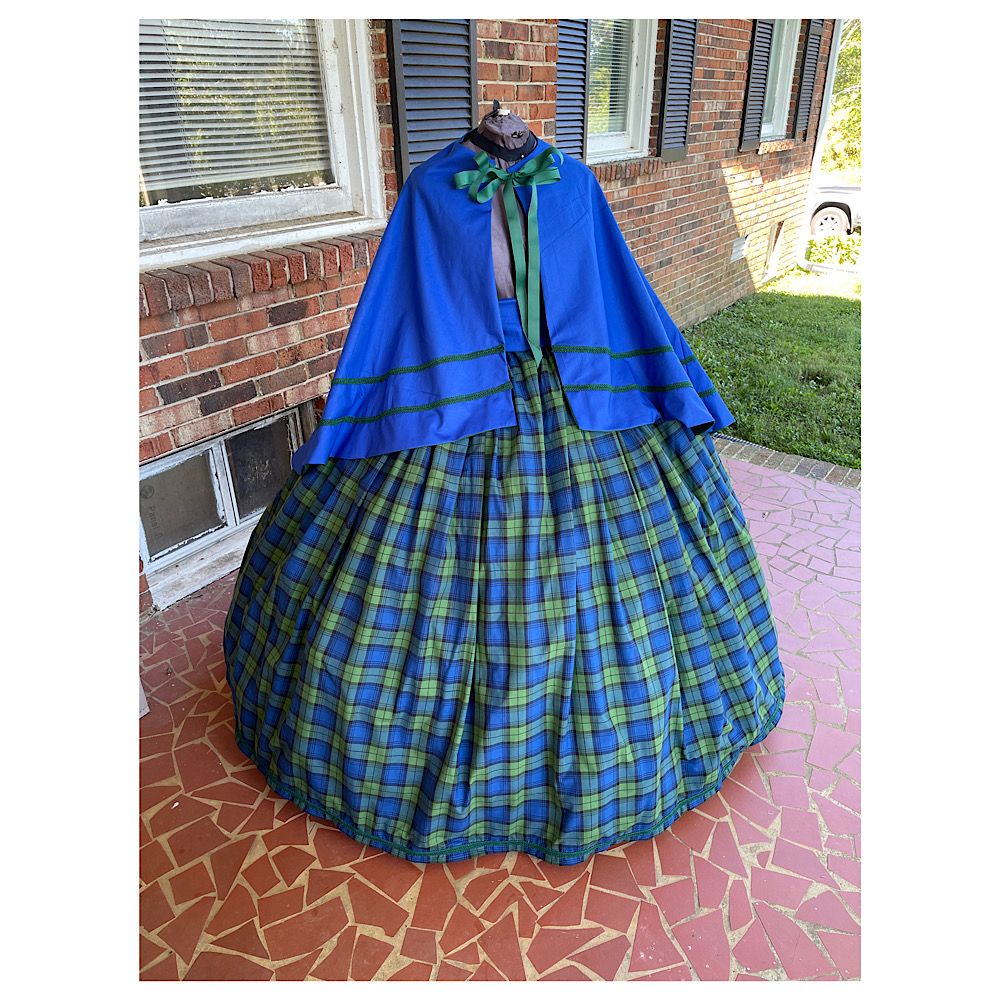 Dazzling Blue and Green Tartan Plaid Civil War Dress / Cape Set