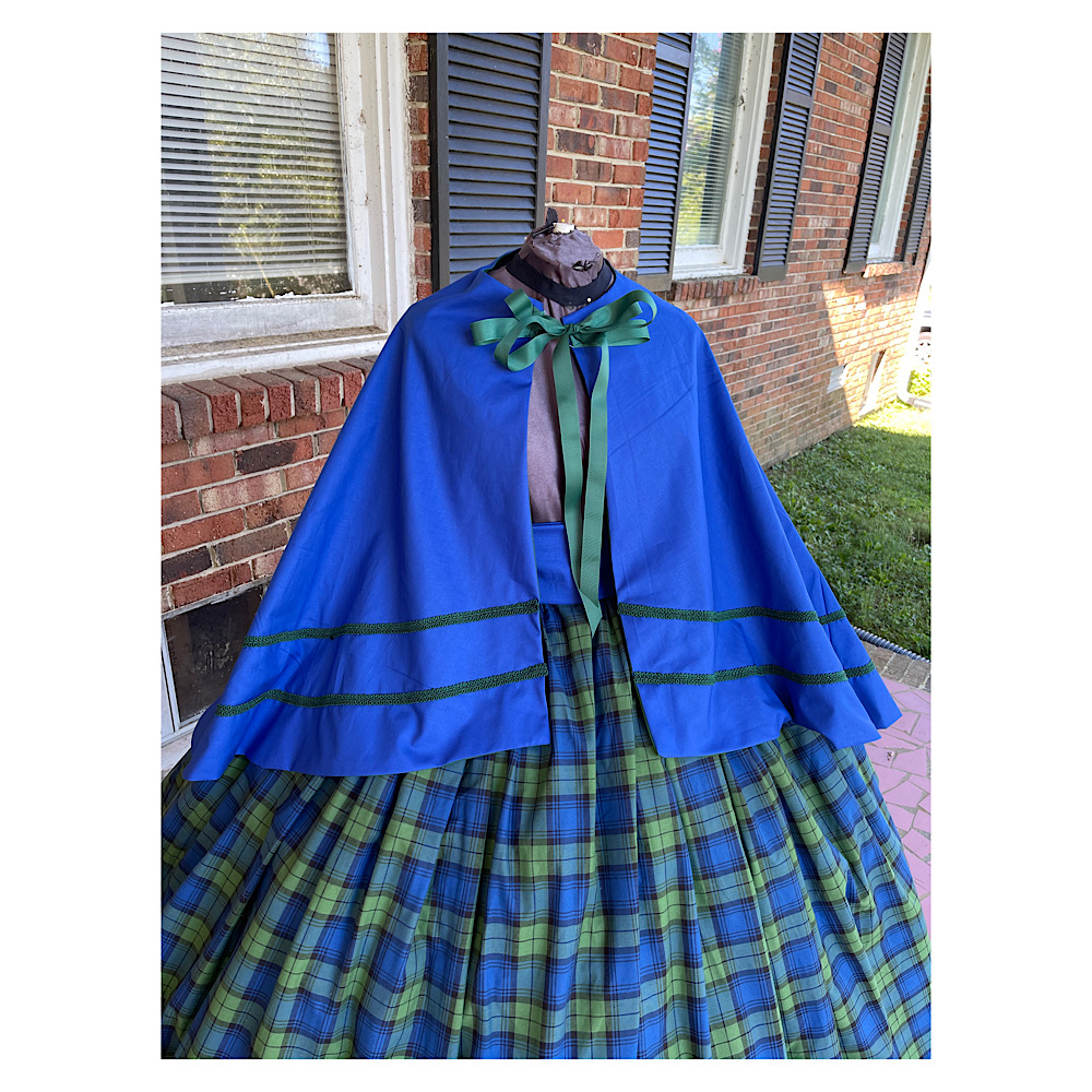 Dazzling Blue and Green Tartan Plaid Civil War Dress / Cape Set