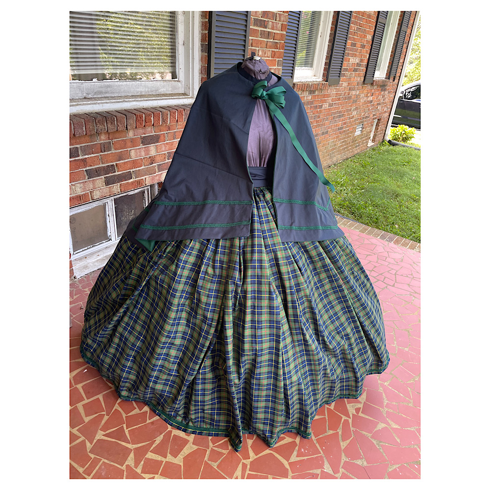 Navy and Green Tartan Plaid Civil War Dress / Cape Set