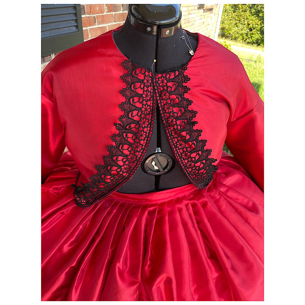 Red Taffeta Civil War Zouave Set Dress with Black Venice Lace 34