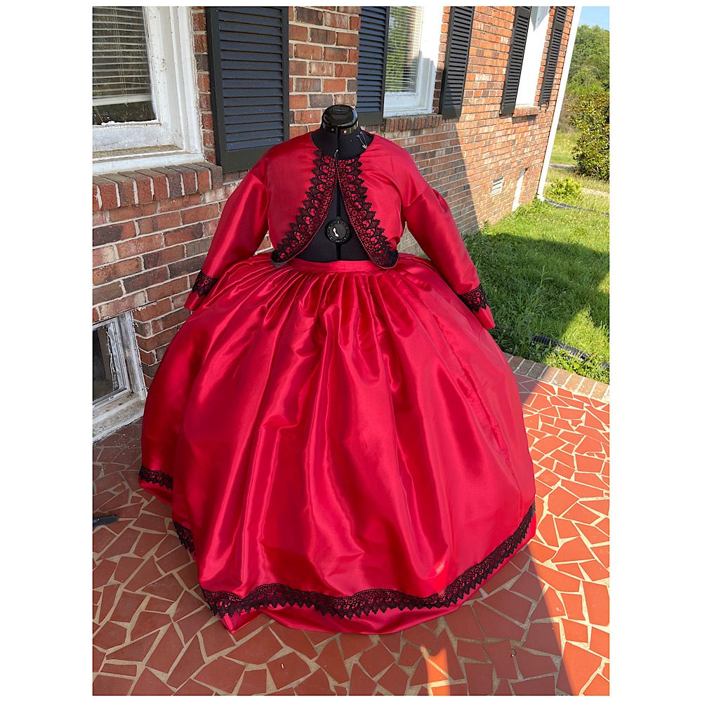 Red Taffeta Civil War Zouave Set Dress with Black Venice Lace 34