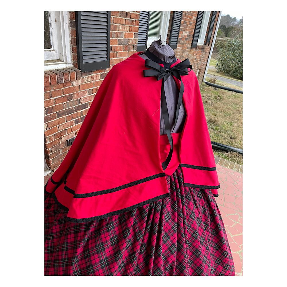 Red and Black Diagonal Flannel Plaid Civil War Cape Set/Civil War Dress