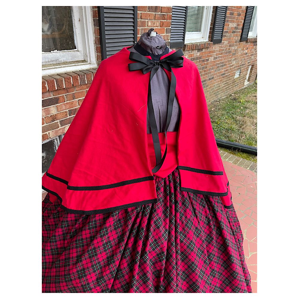 Red and Black Diagonal Flannel Plaid Civil War Cape Set/Civil War Dress