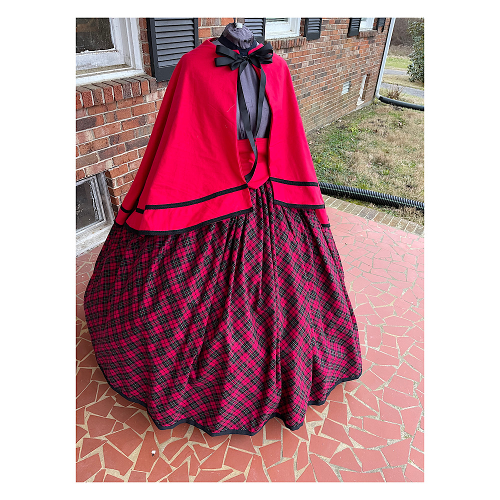 Red and Black Diagonal Flannel Plaid Civil War Dress / Cape Set