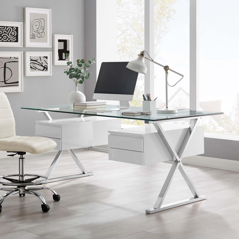 Sector 71" Glass Top Glass Office Desk in White - Modern In Designs