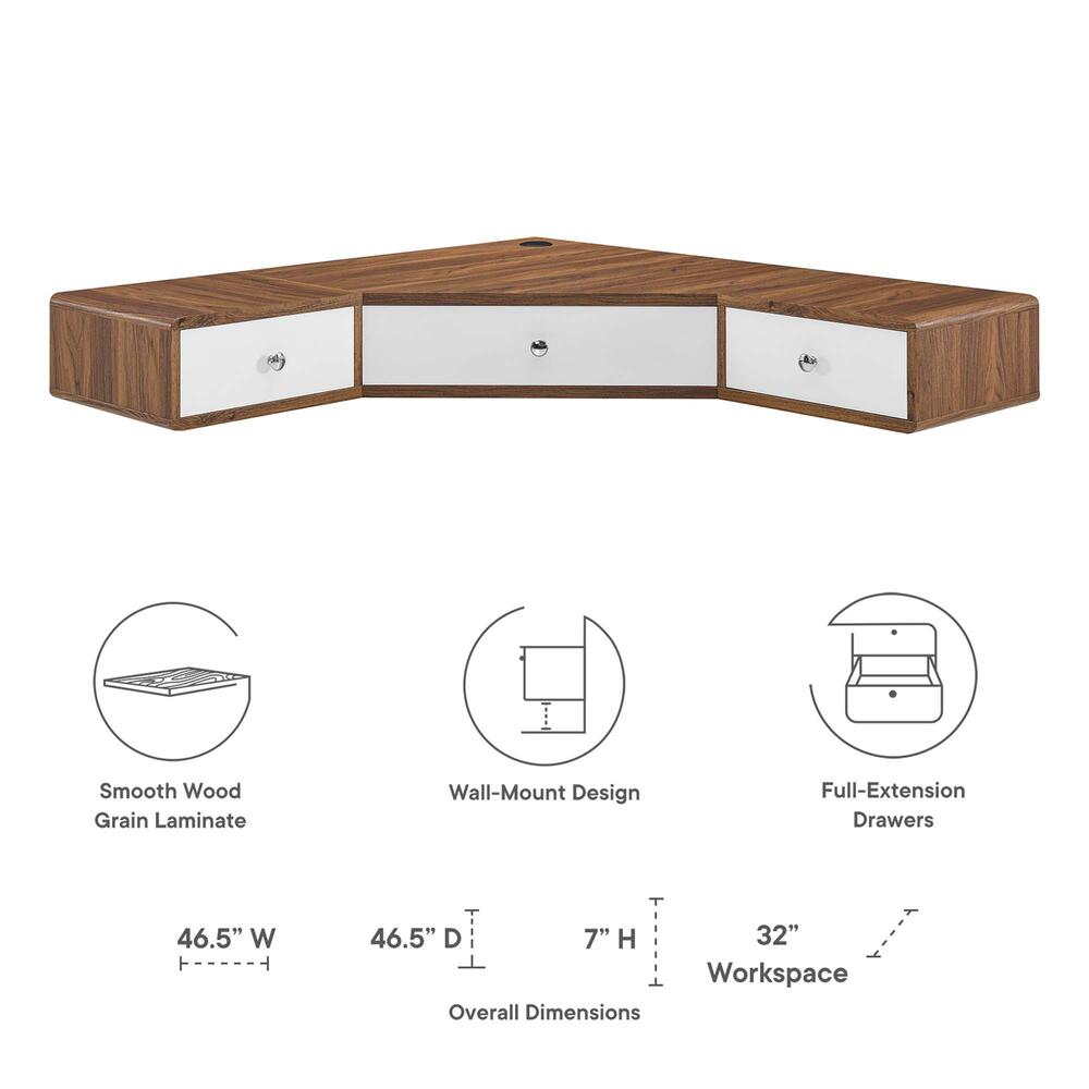 Transmit 47" Wall Mount Corner Walnut Office Desk in Walnut White ...