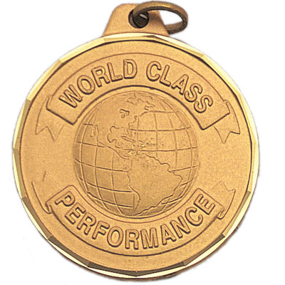 1-1/2 Inch Diamond Cut Border "World Class Performance" Globe Medal