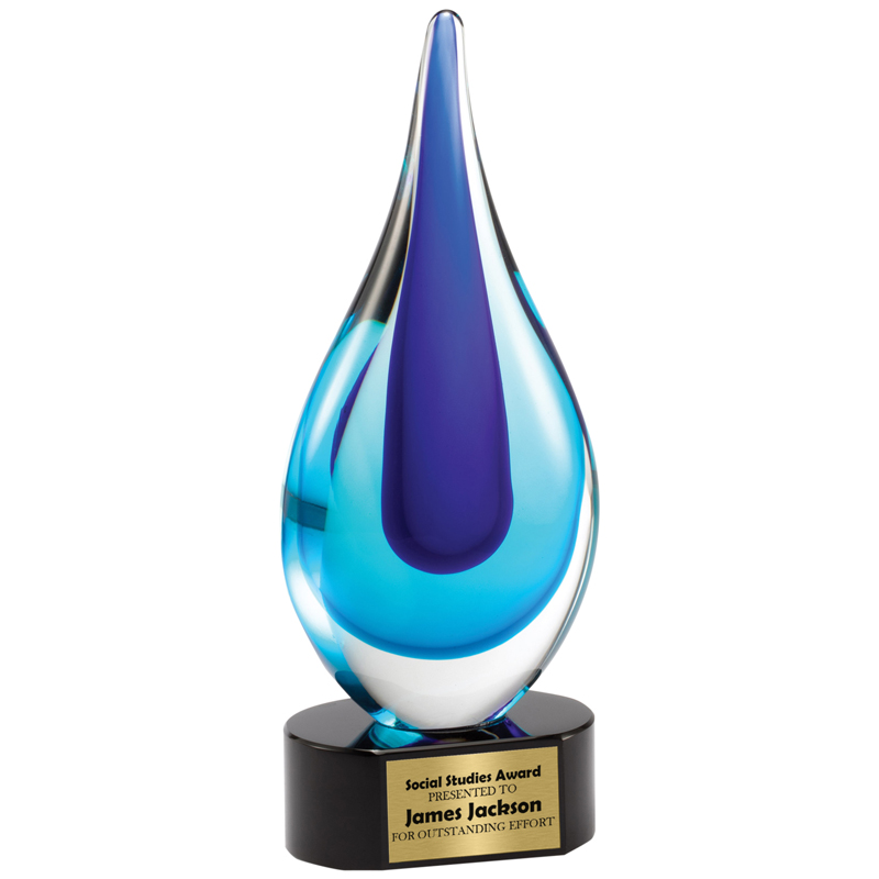 10 Inch Hand Blown Blue Glass Tear Drop Award on a Black Crystal Base