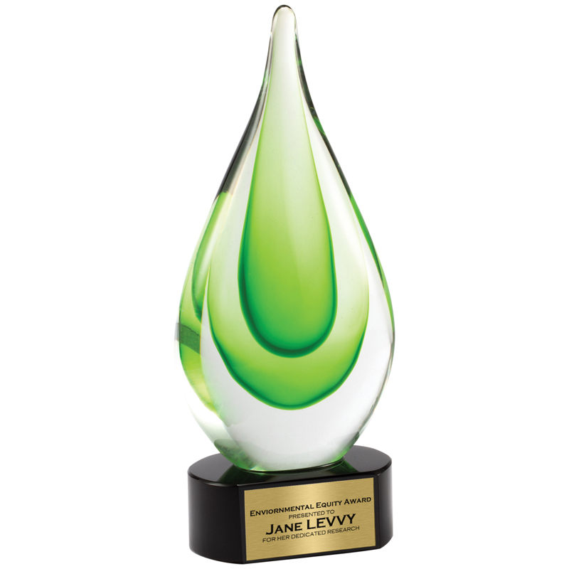 10 Inch Hand Blown Green Glass Tear Drop Award on a Black Crystal Base