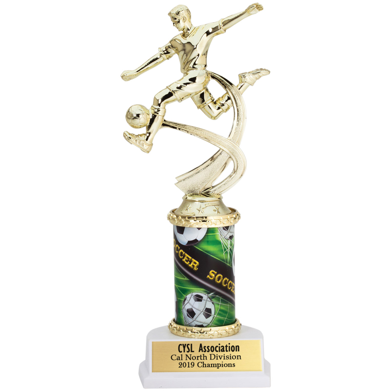 10 Inch Male Soccer Player Column Trophy on White Synthetic Base