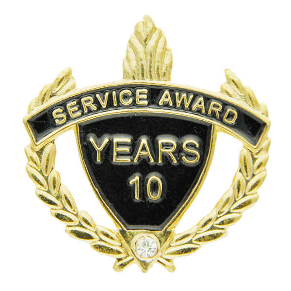 1-1/4 Inch Gold "Service Award Years 10" with Rhinestone Enameled Lapel Pin