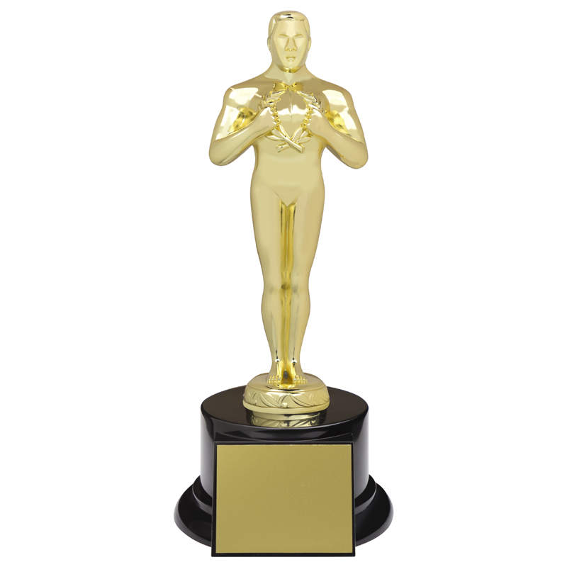 11-1/4 Inch Bright Gold Oscar Look a Like Figure Trophy on Black Base