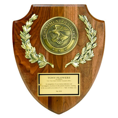 10 x 12 Inch Genuine Walnut Shield Plaque with Department of Justice ...