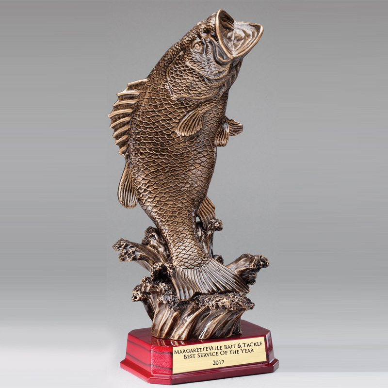 12 Inch Antique Brass Resin Bass Fish Trophy on Rosewood Finished Base