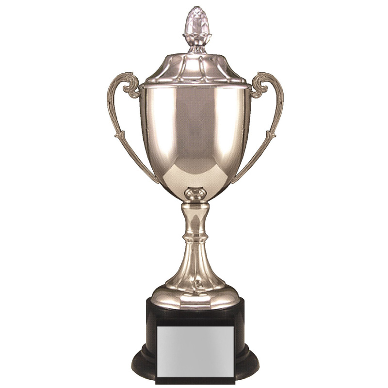 12 Inch Nickel Plated Silver Trophy Cup with Acorn Top on Black Base