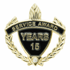1-1/4 Inch Gold "Service Award Years 15" with Rhinestone Enameled Lapel Pin