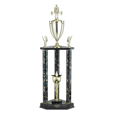 28-1/2, 31-1/2, 34-1/2 INCH THREE COLUMN TROPHY WITH CUP, TRIMS, RISER ...