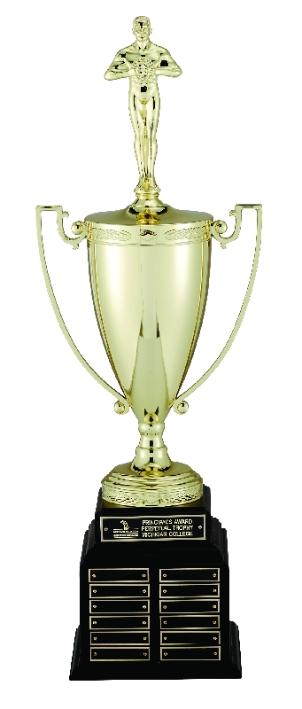 28 INCH PERPETUAL TROPHY WITH 13 INCH GOLD CUP ON BLACK BASE