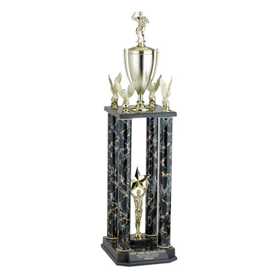 29, 32, 35 INCH FOUR COLUMN TROPHY WITH CUP, FIGURE AND EAGLE TRIMS