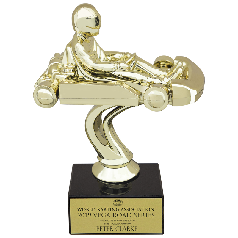 9-1/2 Inch Gold Plastic Go Kart Trophy on Black Marble Base