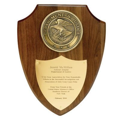 9-1/2 x 12 Inch Veneer Walnut Shield with Department of Justice Medallion