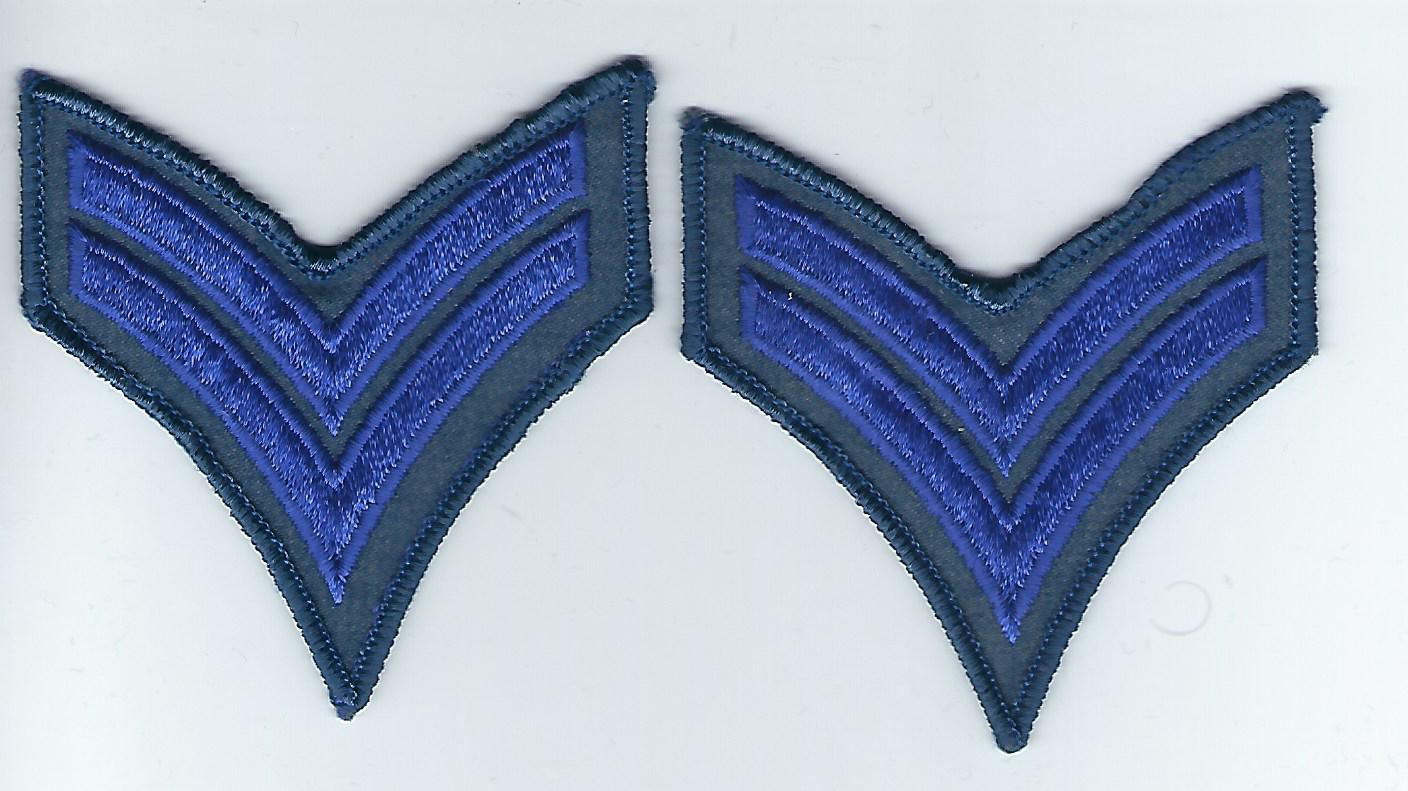 PAIR OF SHIRT SIZE ROYAL BLUE POLICE CORPORAL CHEVRONS ON MID BLUE