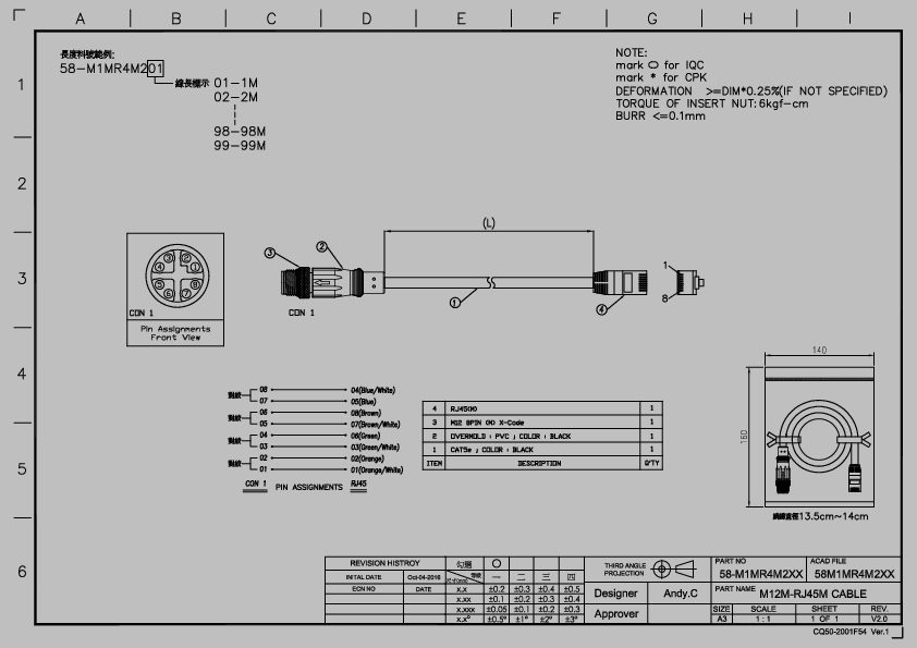CAB-M12XM8-RJ45, M12 X-code Male (8-Pin) to RJ-45, 2 meters long, GbE Cable