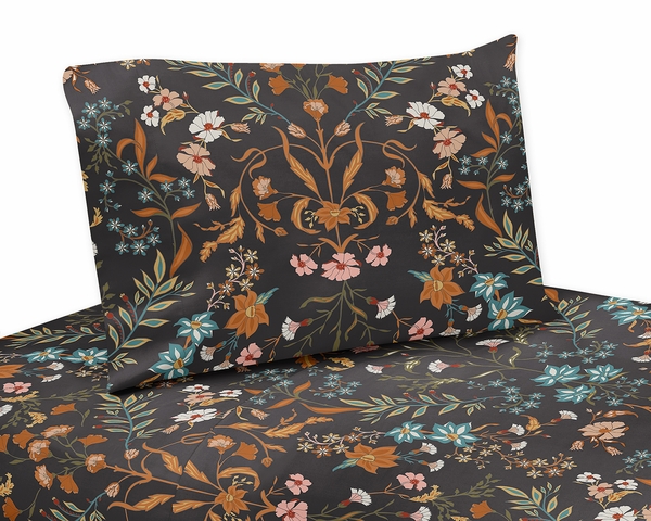 Boho Floral Wildflower Black and Orange Collection Queen Sheet Set