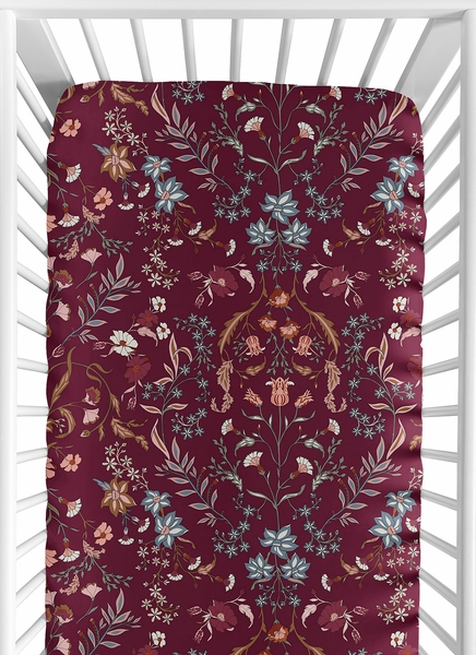 Boho Floral Wildflower Burgundy Red and Orange Collection Crib Sheet
