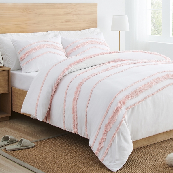 Boho Fringe Pink and White Collection Twin Duvet Cover Bedding Set