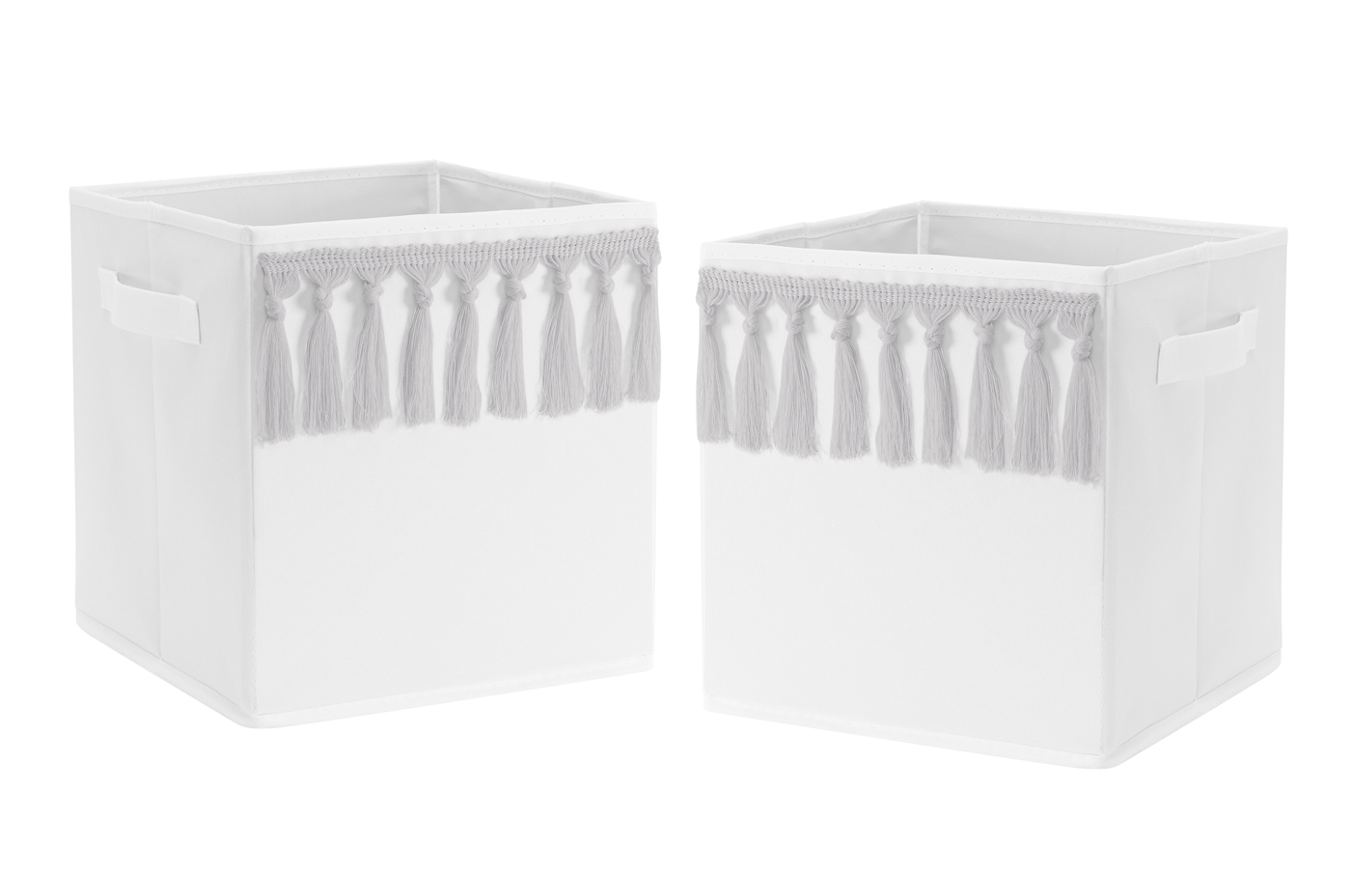 Boho Fringe White and Grey Collection Foldable Fabric Storage Bins