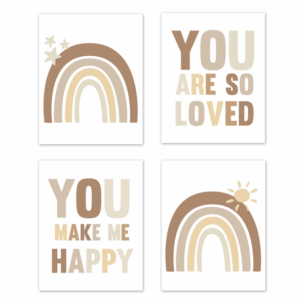 Boho Rainbow Neutral Collection Wall Art Prints - Set of 4 - Happy