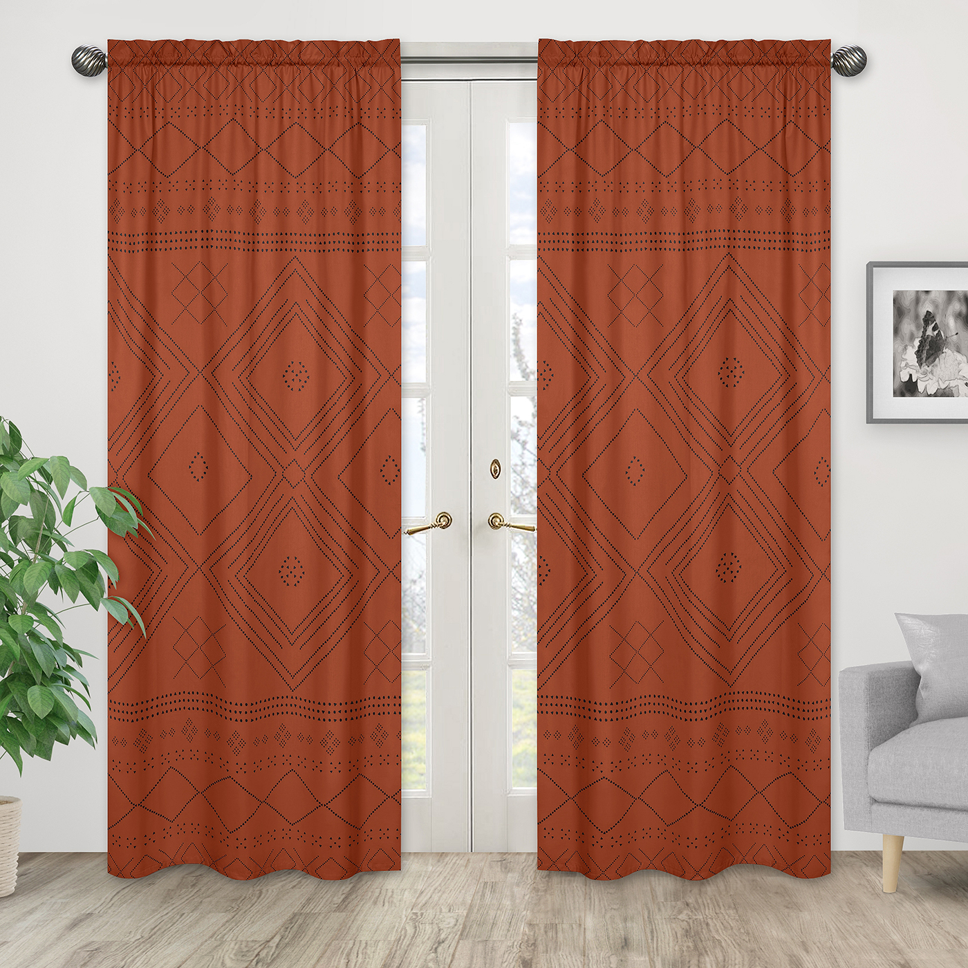 Boho Tribal Orange and Black Collection Window Panels Set of 2