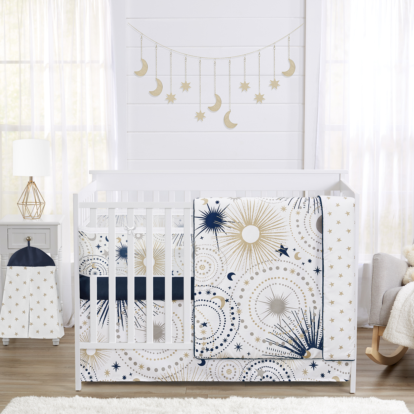 Sweet Jojo Designs Gender Neutral unisex Crib Bedding BreathableBaby Breathable Mesh Liner Celestial Blue Gold and Grey 6pc